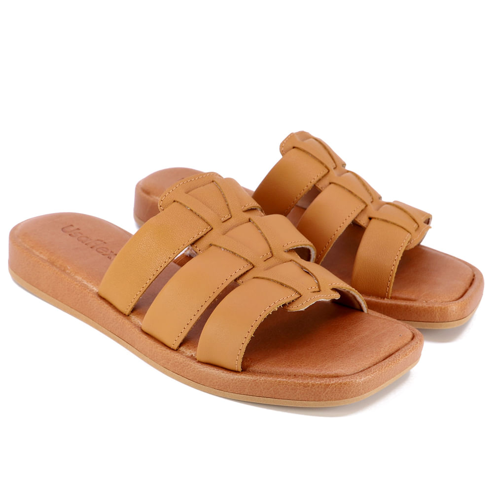 Rasteira Salto Plataforma Couro Marrom Tira Tramada - Loja Online | Usaflex