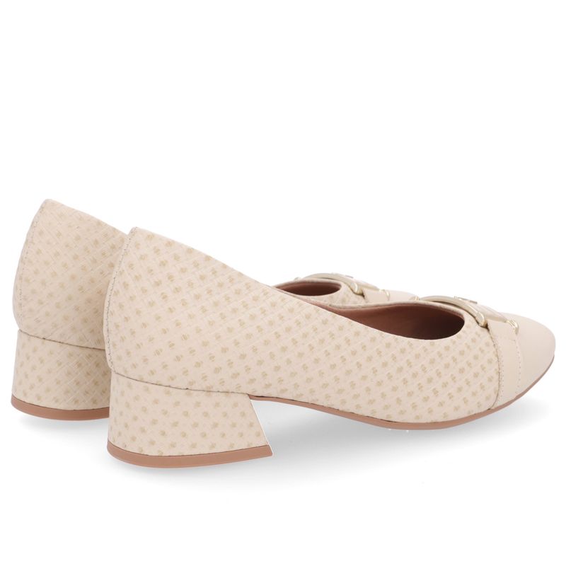 Scarpin Bege Salto Bloco Couro Lateral Tecido - Loja Online | Usaflex