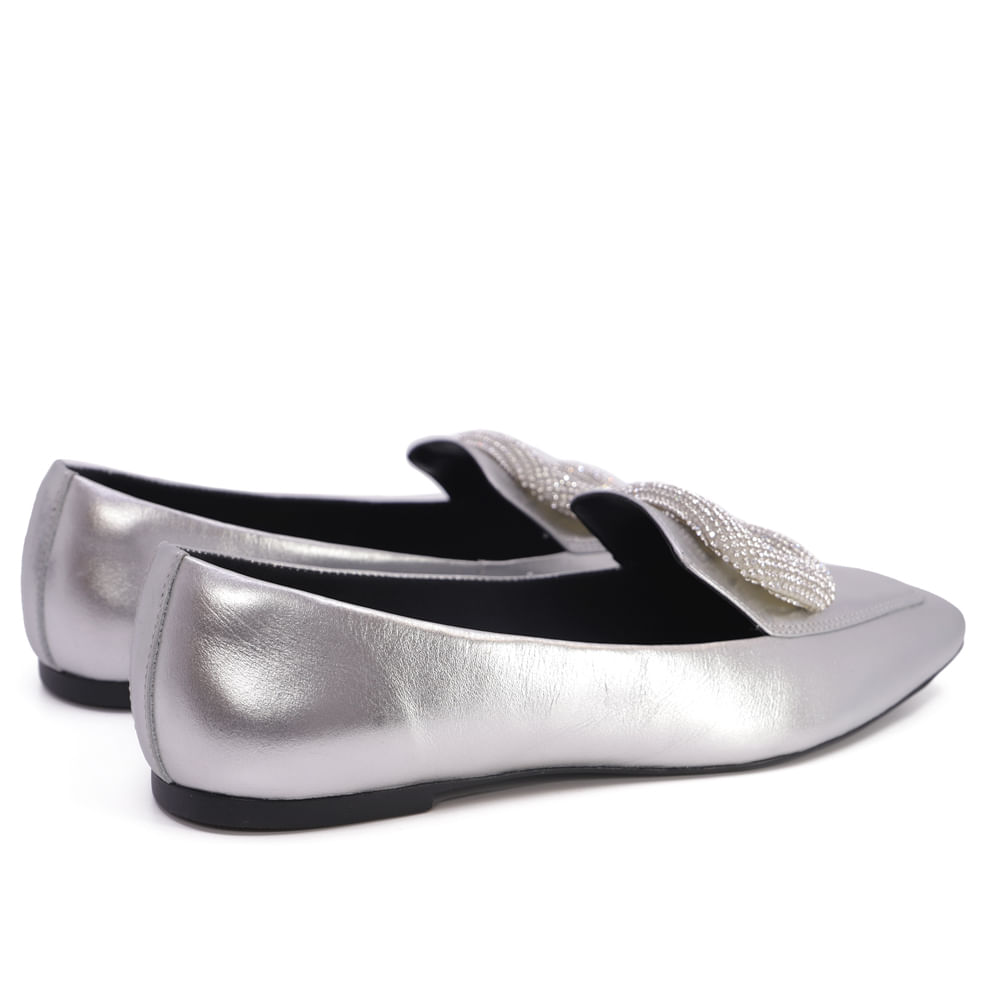 Loafer Metalizado Prata Couro Strass - Loja Online | Usaflex