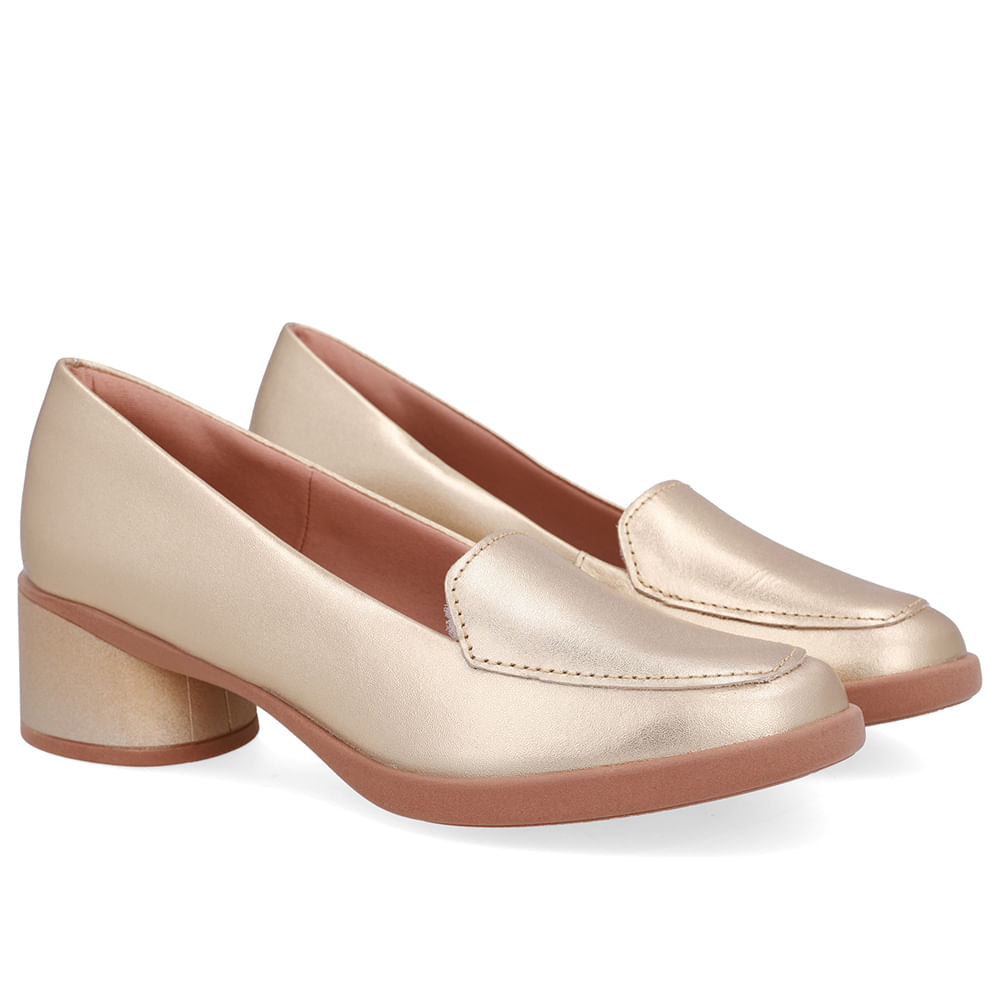 Loafer Liso Dourado Couro Salto Bloco - Loja Online | Usaflex - Loja ...